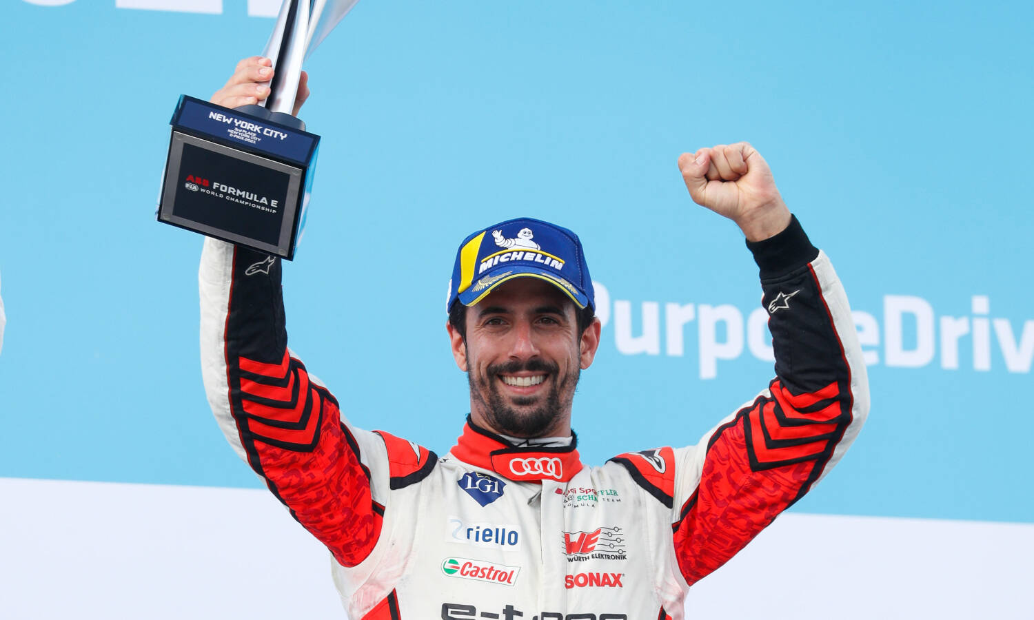 Lucas di Grassi celebrates on the podium on Saturday in New York - Audi ...